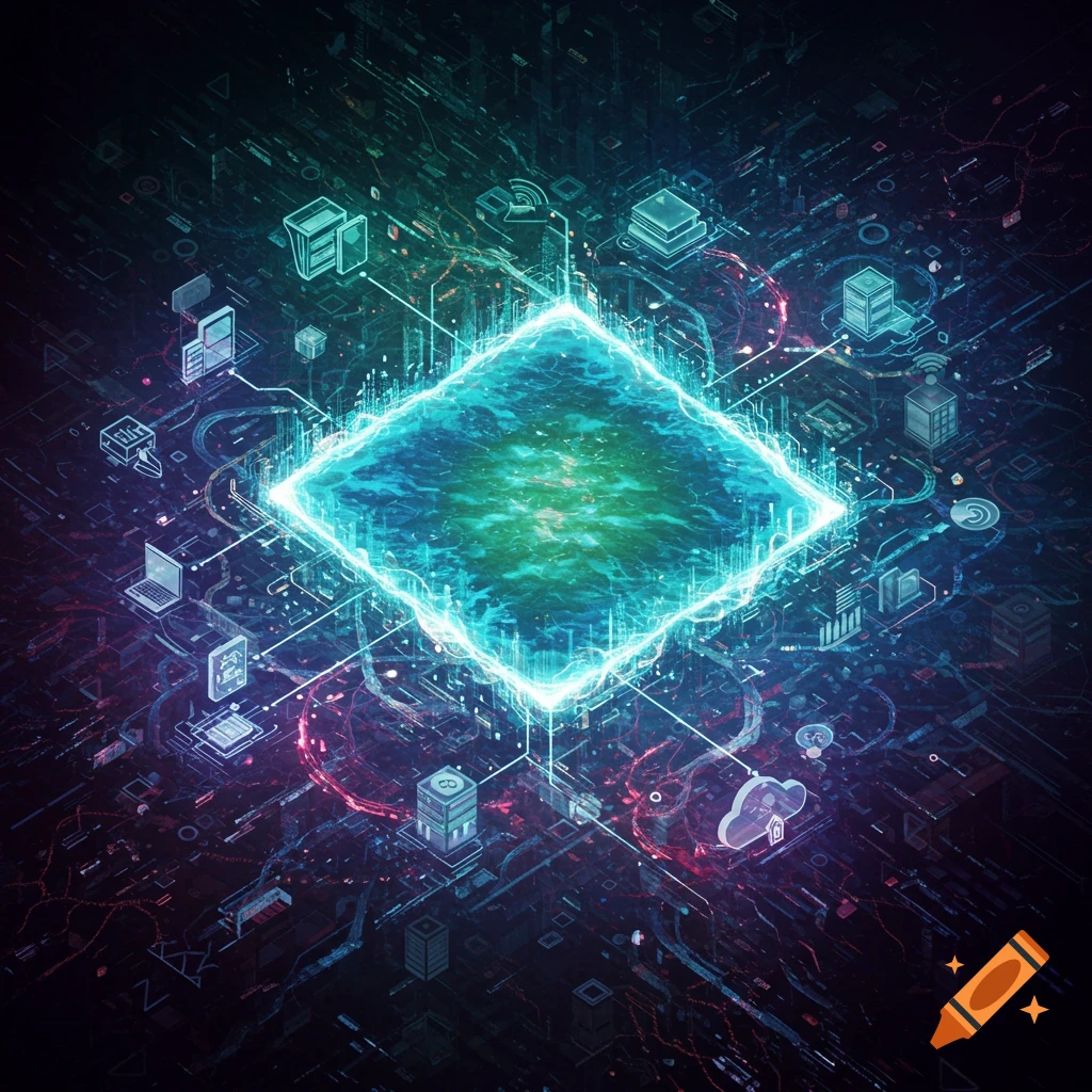 Abstract, futuristic depiction of a data lake or network, with a ...