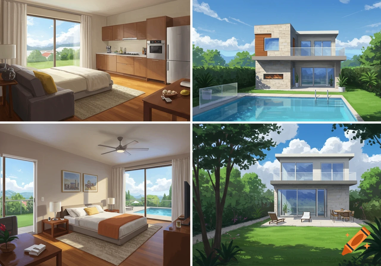 Four panels showing modern real estate: a studio apt, house with pool, bedroom with pool view ...