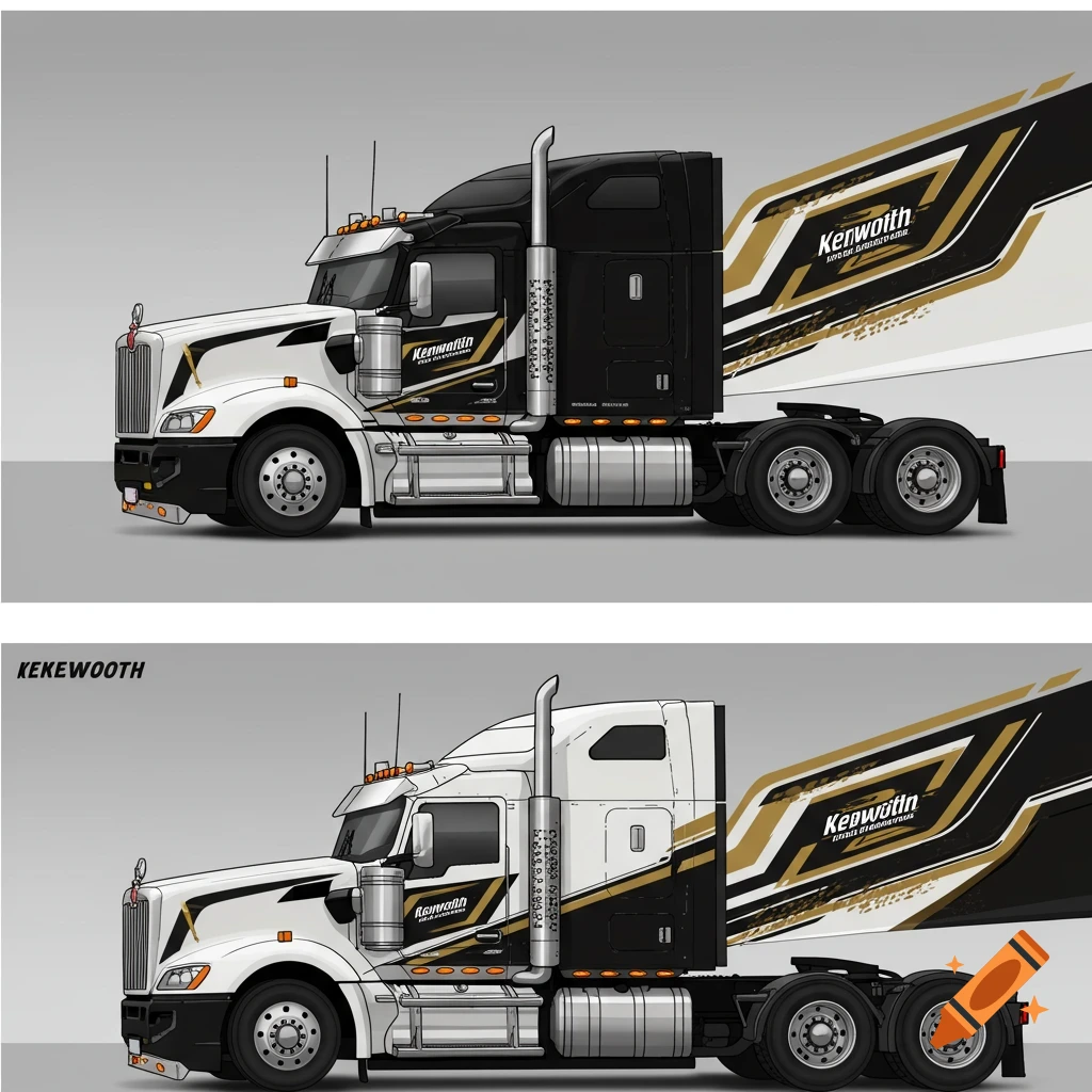 A side view illustration of a black, white, and gold semi-truck with a ...