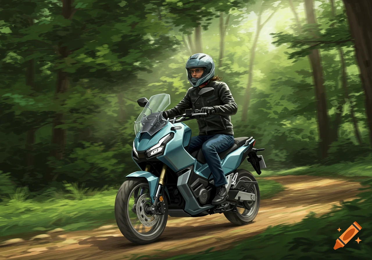 A person on a blue motorcycle rides through a forest trail, with ...