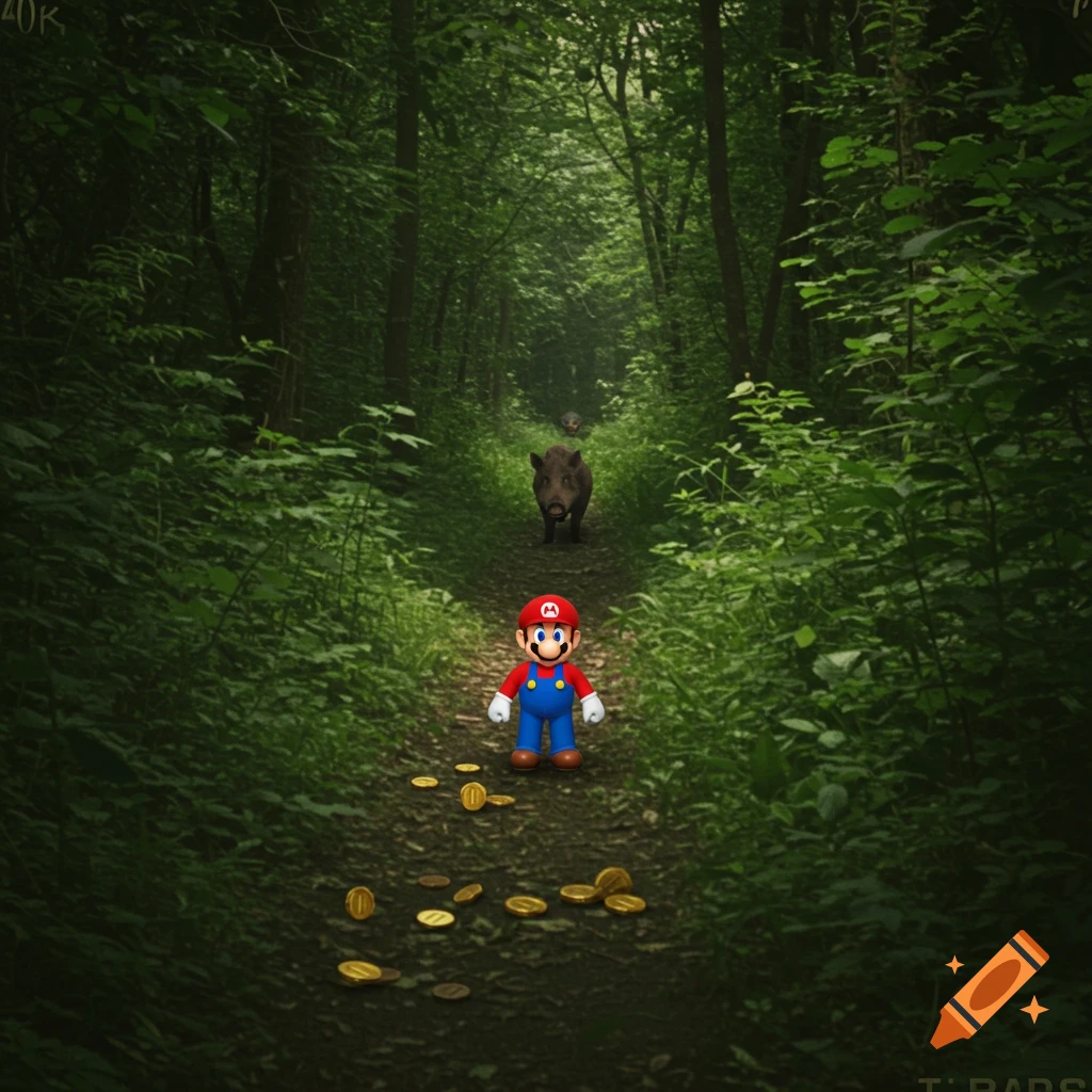 Mario stands on a dirt path in a lush green forest, looking towards a ...