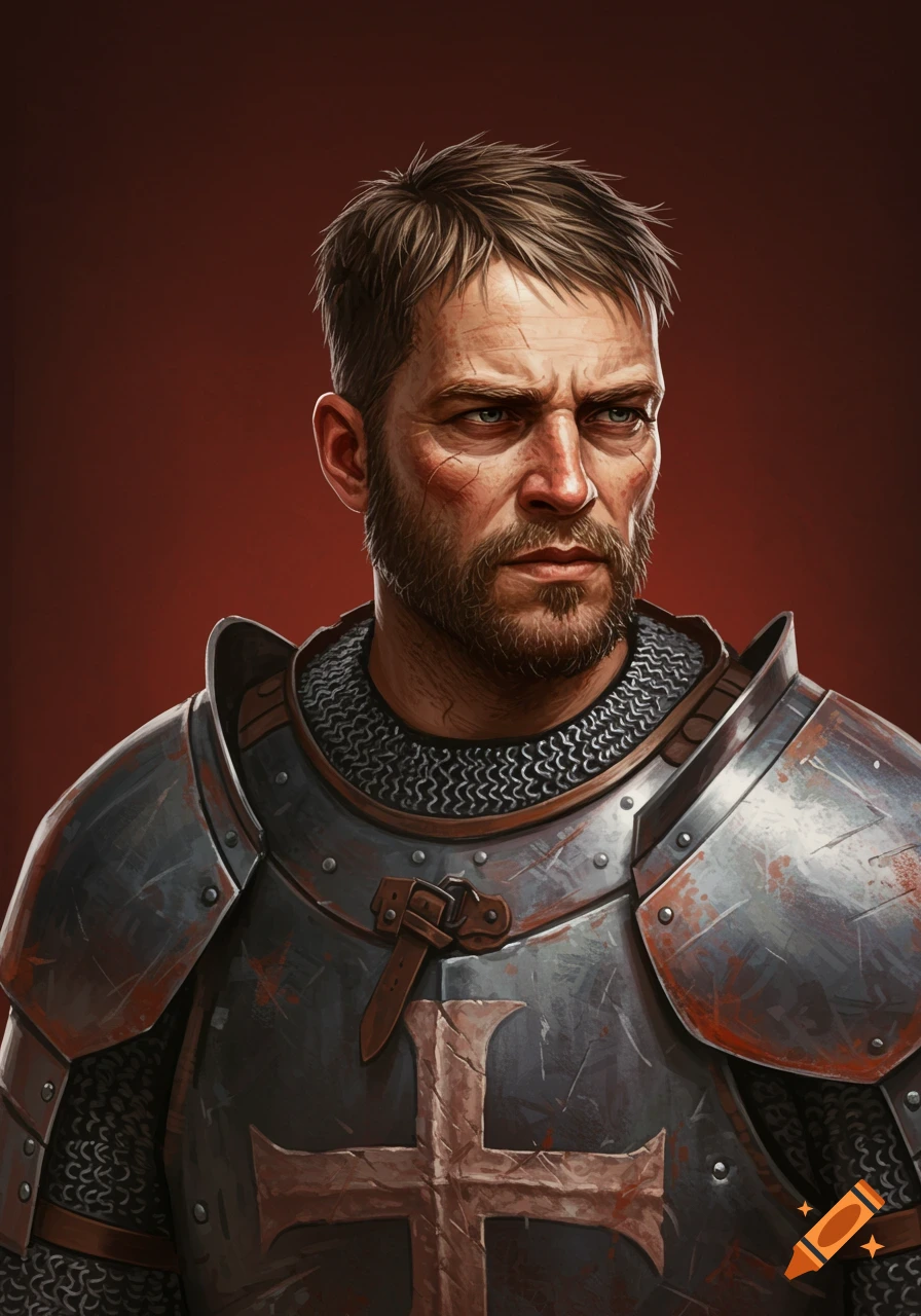 A realistic illustration of a rugged medieval knight with a beard and ...