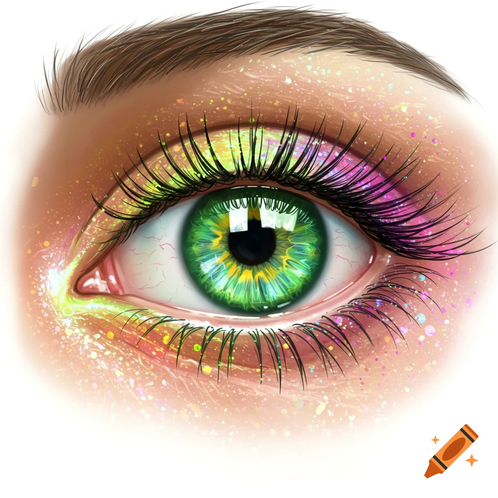 A vibrant, artistic close-up of a green eye with colorful, sparkling ...