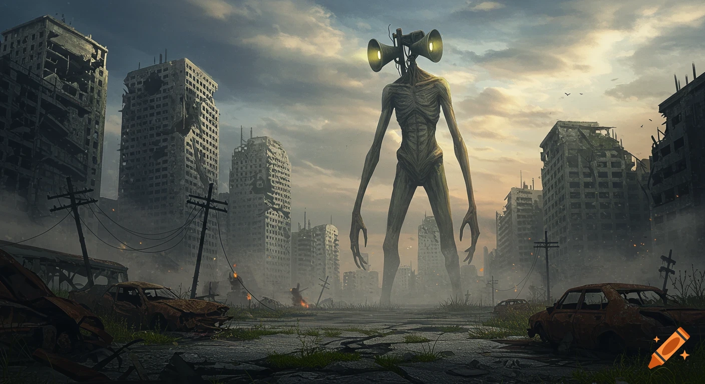 A tall, skeletal Siren Head creature with two sirens for a head stands ...