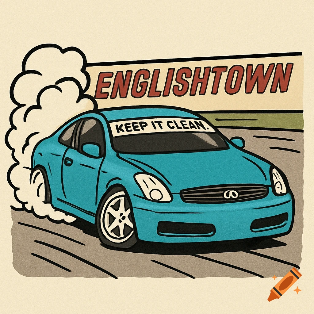 Cartoon illustration of a turquoise Infiniti G35 coupe drifting with ...