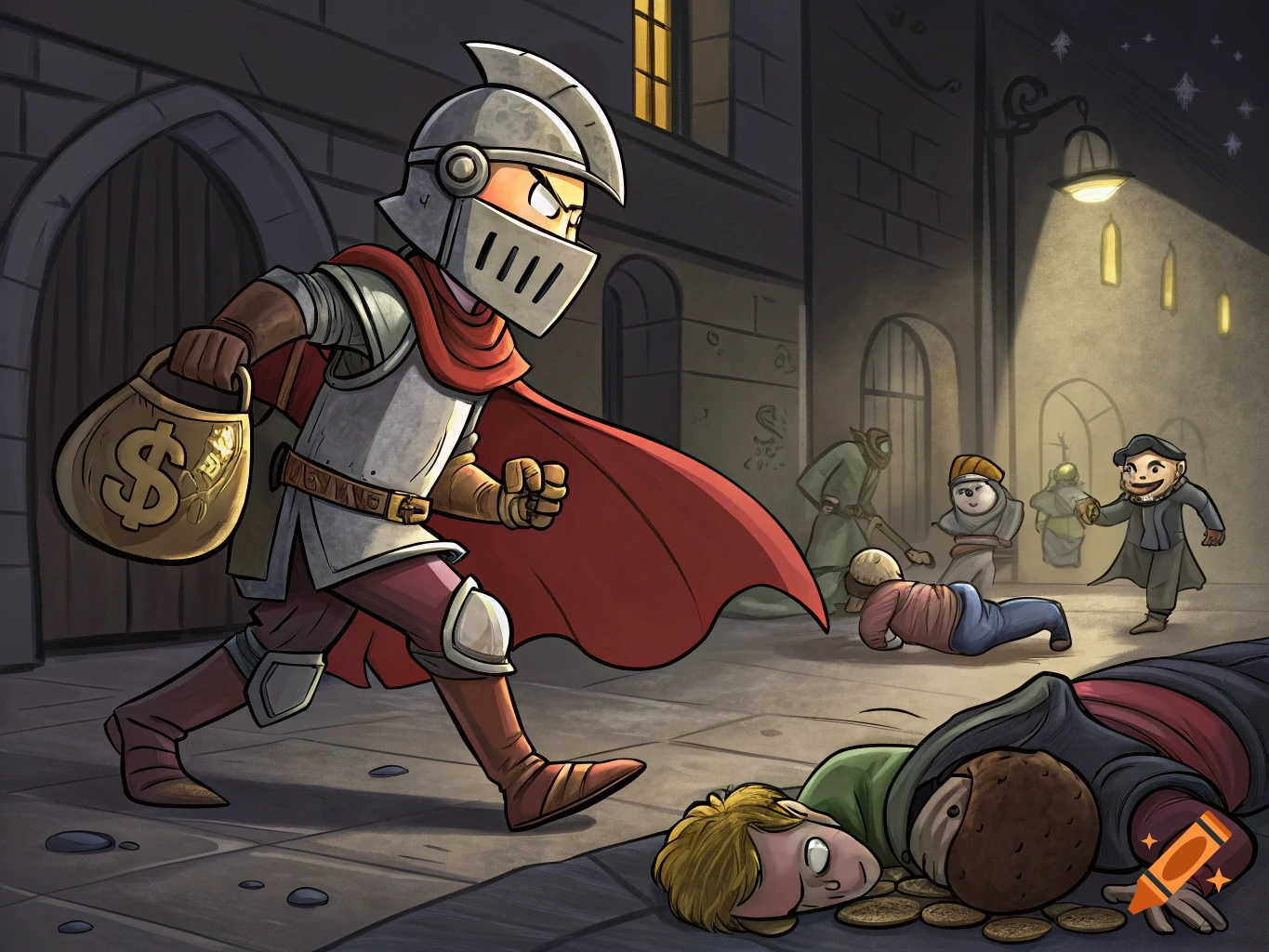 A cartoon villain knight with a red cape carries a large money bag with ...