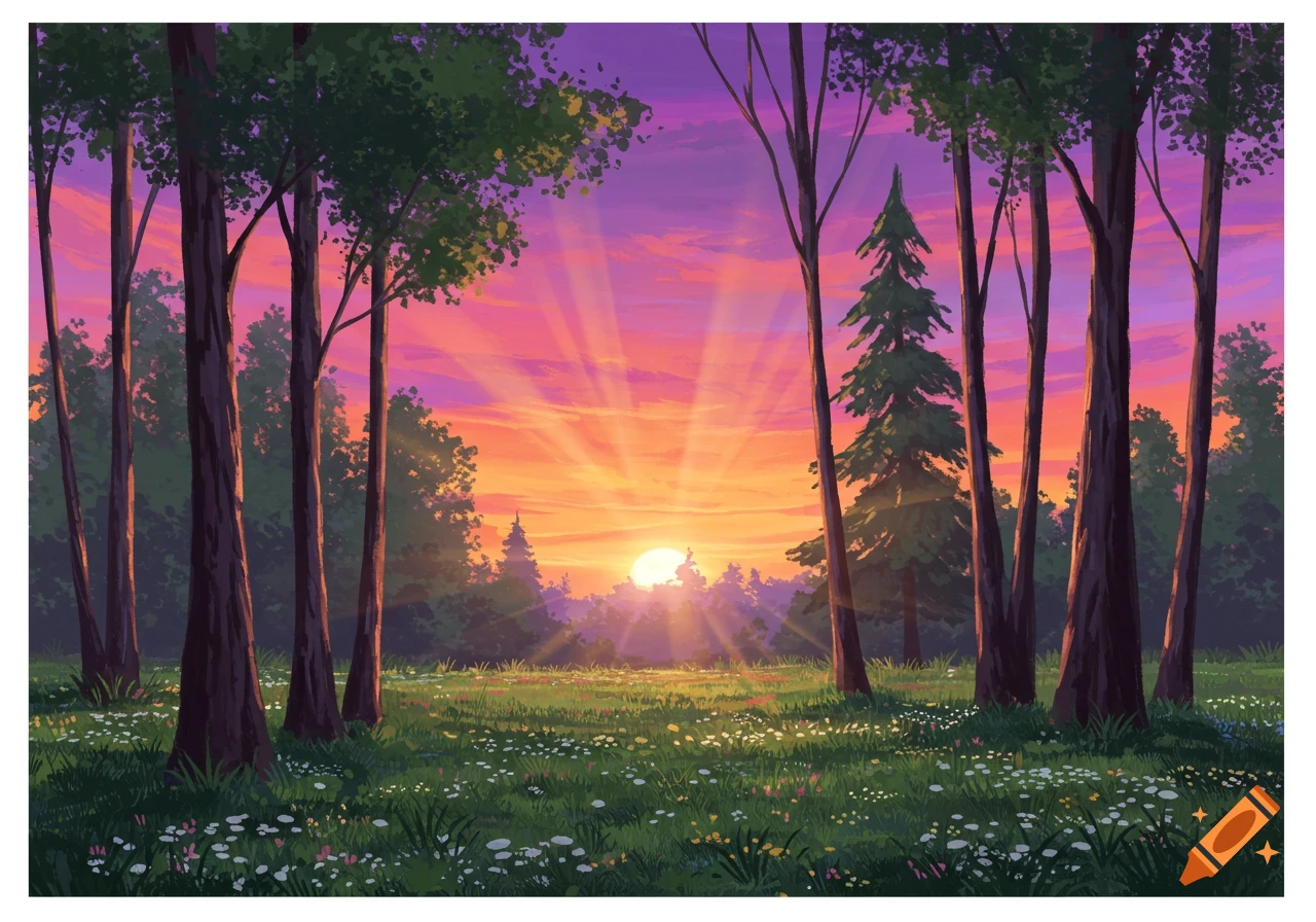 Vibrant illustration of a forest at sunset, with a golden sun casting ...