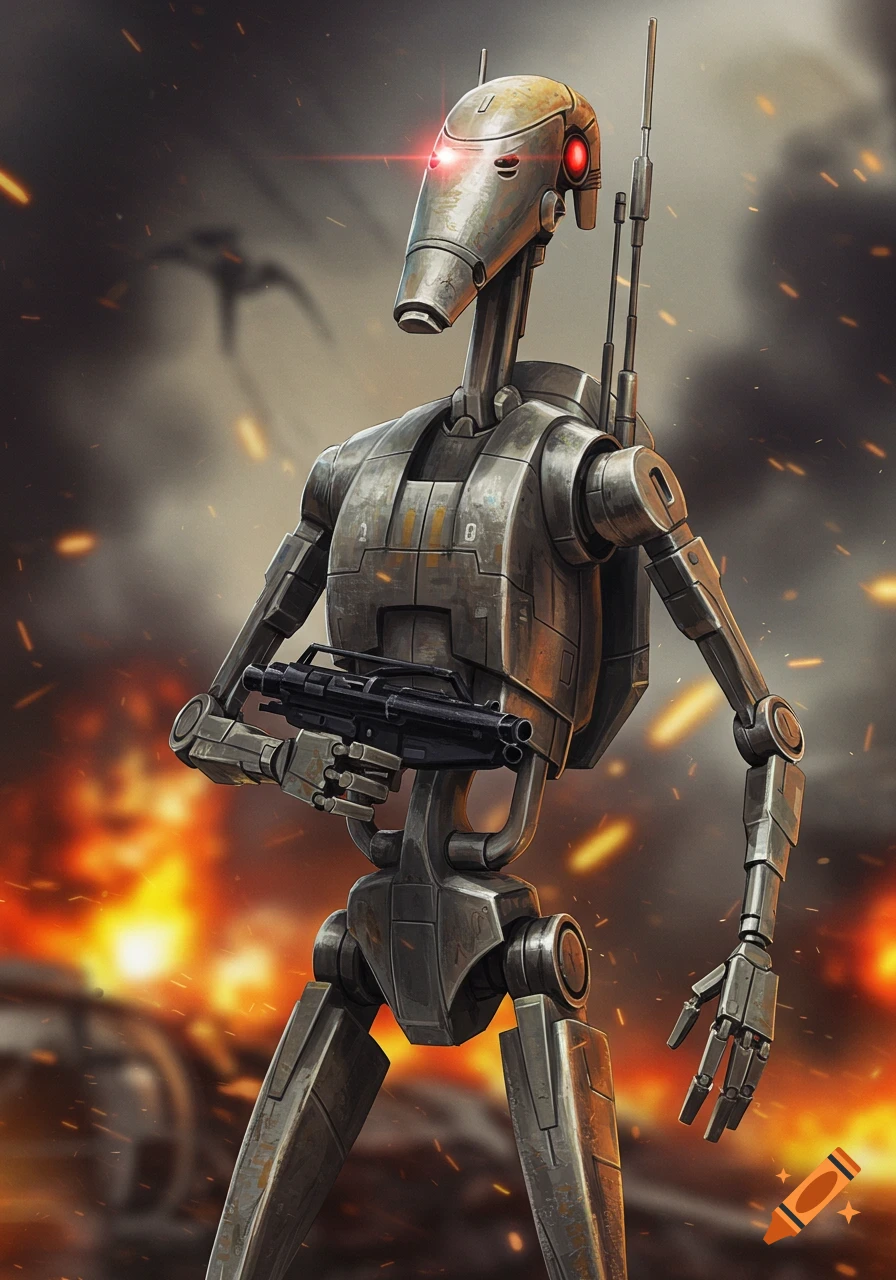 A detailed B1 battle droid stands on a fiery battlefield holding a ...