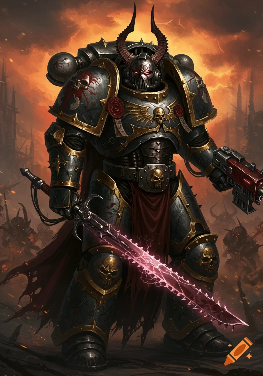 A heavily armored demonic space marine in black and gold armor with ...