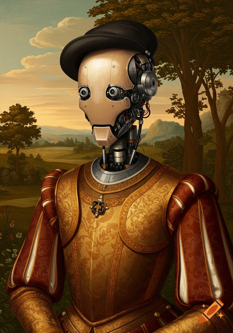A robot wearing a dark hat and ornate gold and red Renaissance-era ...