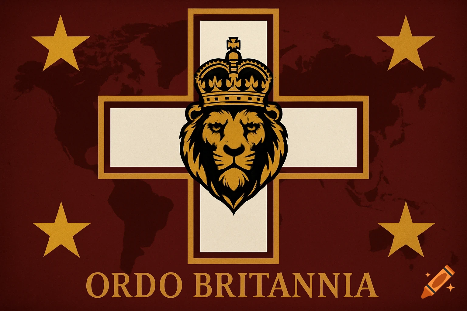 A dark burgundy flag with a white cross, a crowned lion's head, gold ...