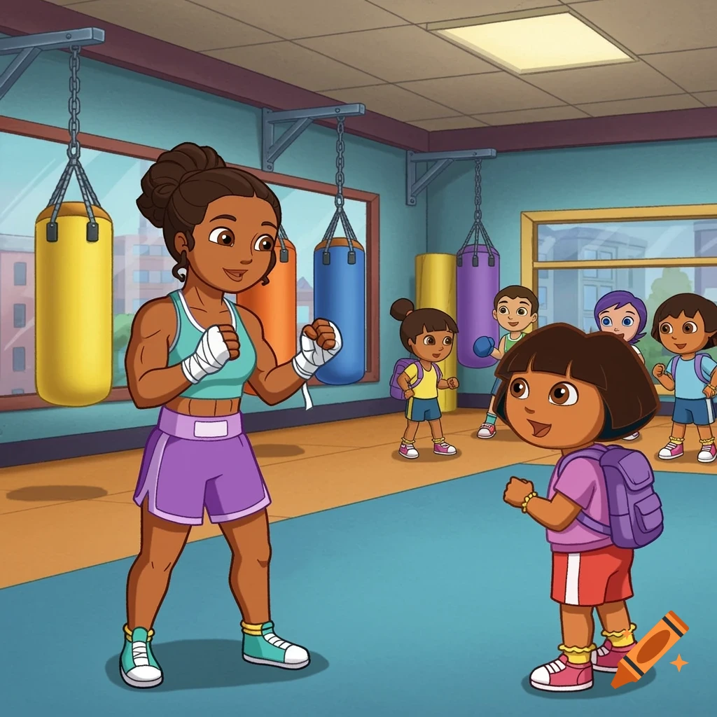 Dora the Explorer and her friends in a boxing gym with a female boxing ...