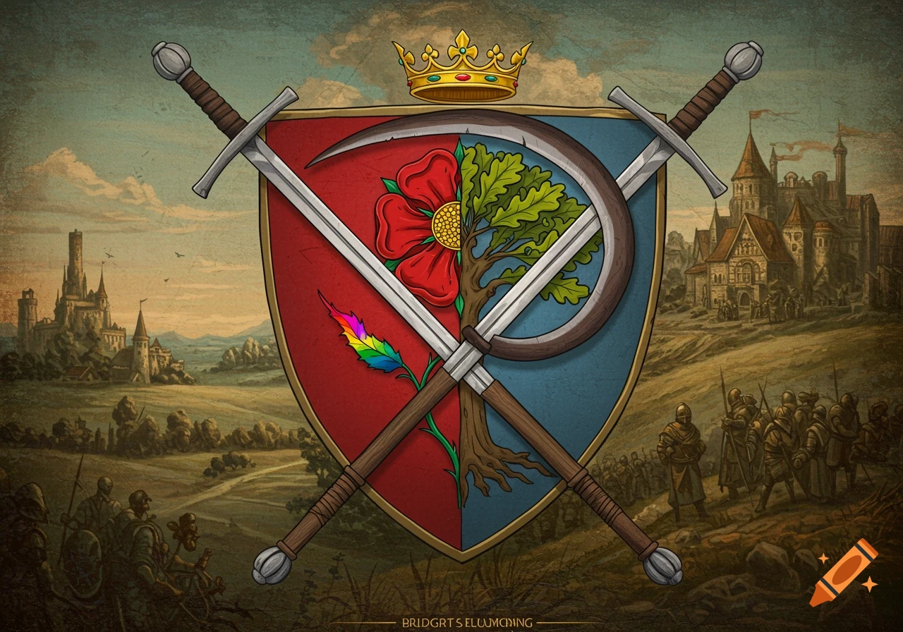 An illustrated medieval coat of arms with crossed swords and sickle, a ...