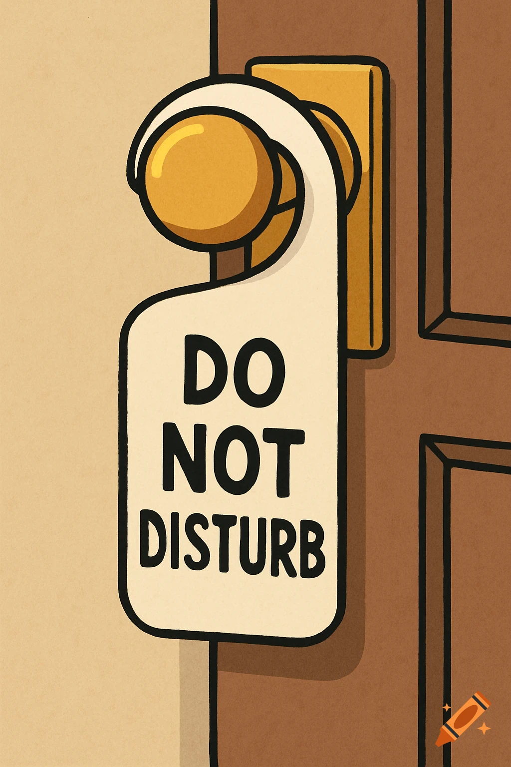 A cartoon 'do not disturb' sign hangs on a golden doorknob on a brown ...