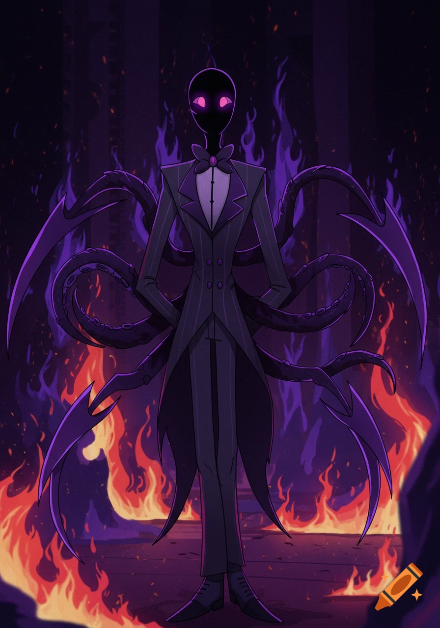 A tall, slender, faceless monster in a pinstripe suit and bowtie with ...