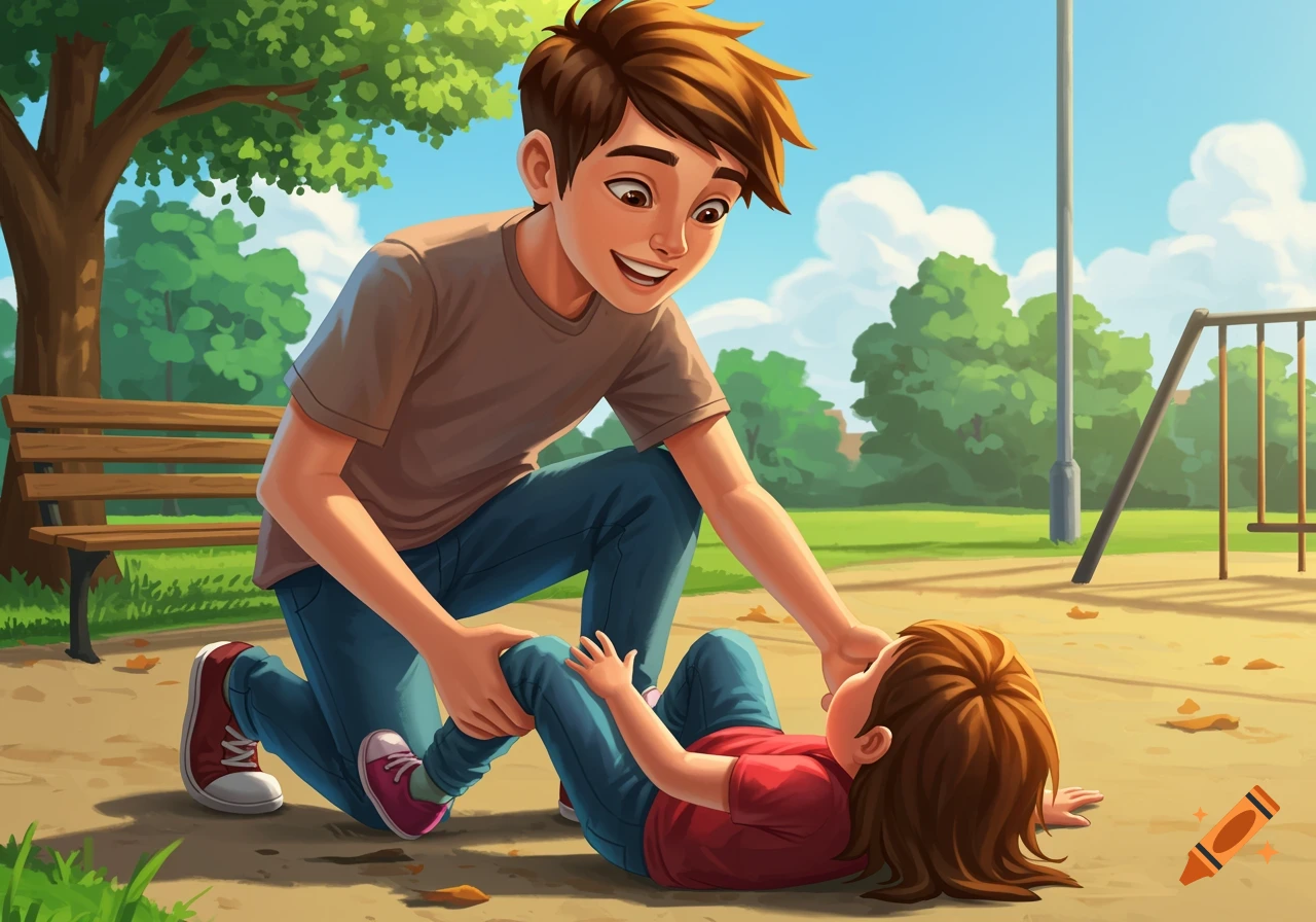 A cartoon illustration of a teenage boy helping a small child who has ...