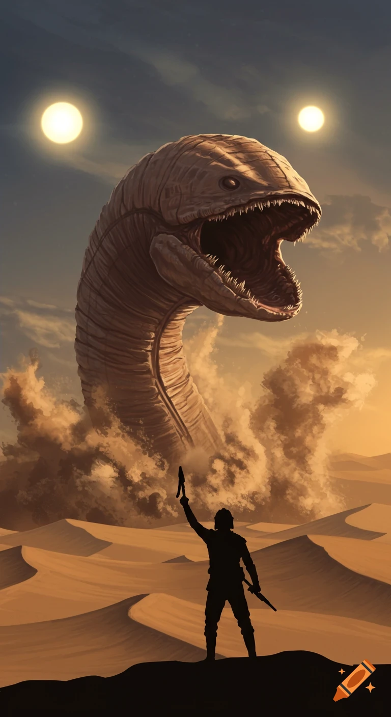 A silhouette of a person raising a weapon in a desert as a colossal ...