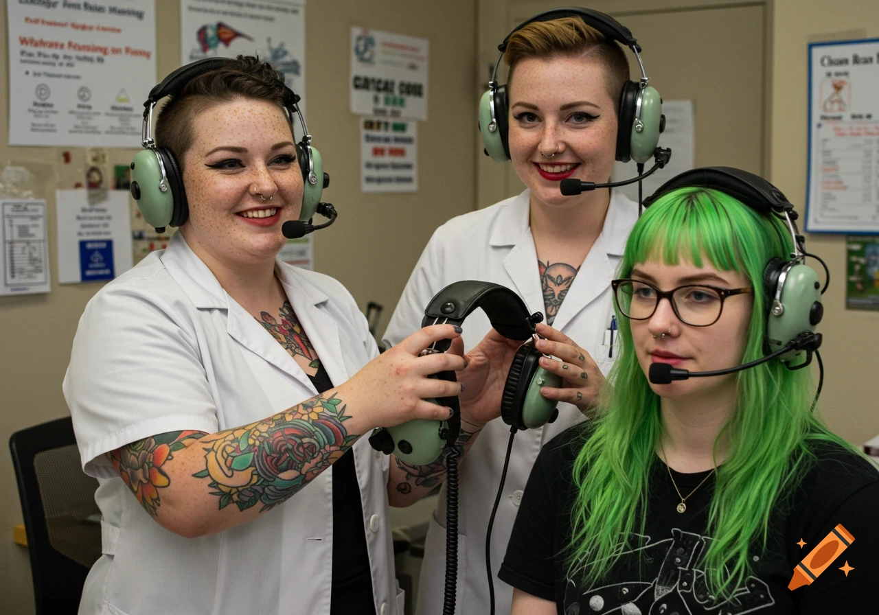 Two smiling women in lab coats and headsets place a headset on a green ...