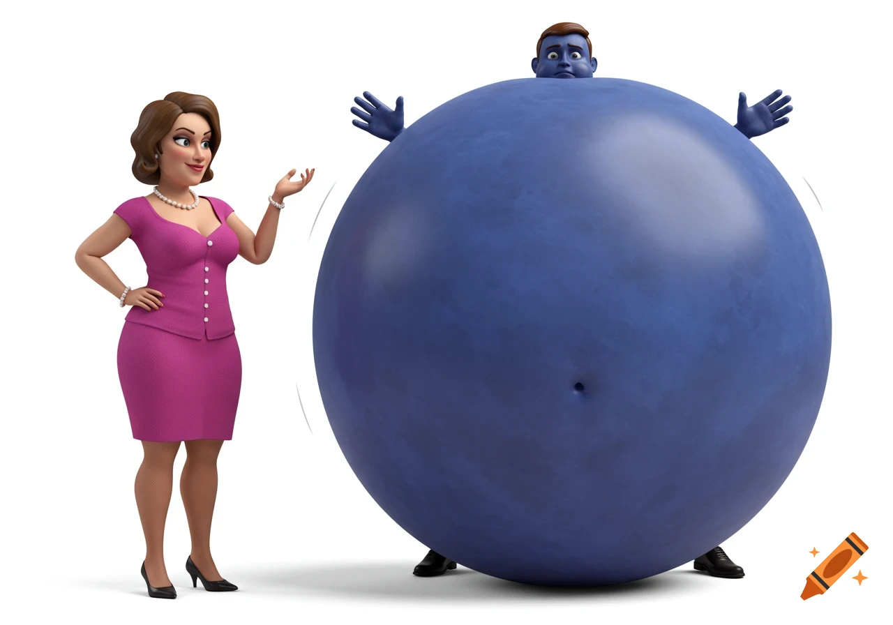 A woman in a pink dress stands next to a man inflating into a giant ...