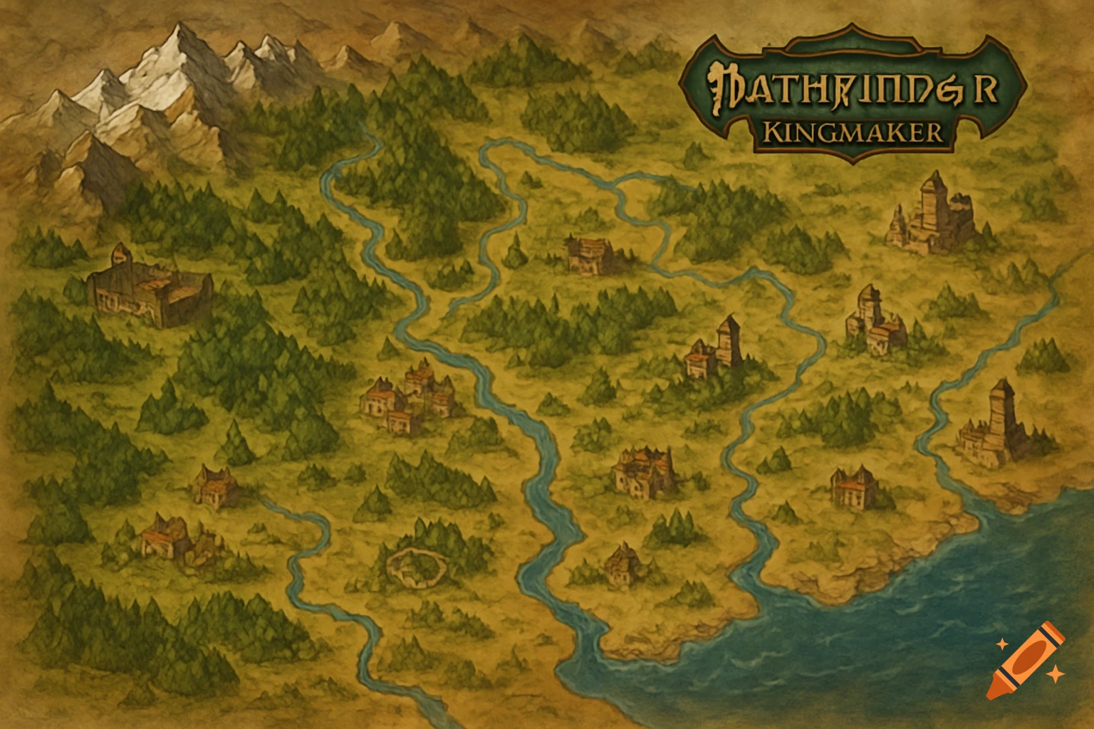 An old fantasy region map depicting mountains, forests, rivers, castles ...