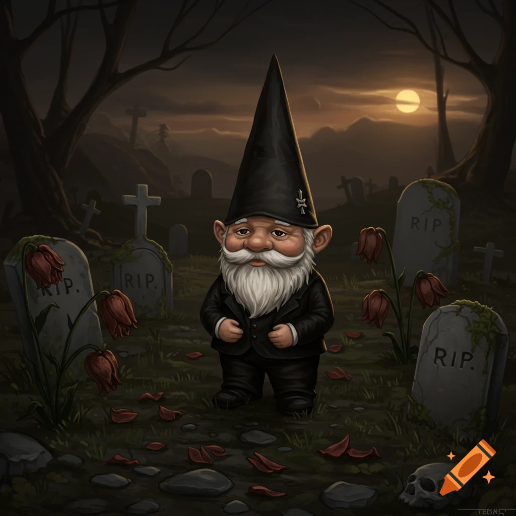 A sad gnome in a black suit and pointed hat stands in a moonlit ...