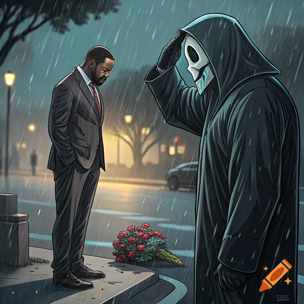 A man in a suit looks sadly at a bouquet of roses on the ground as ...