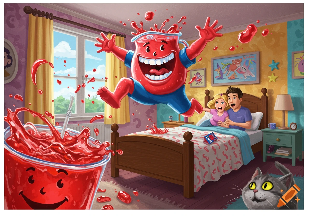 Cartoon illustration of Kool-Aid Man jumping on a bed where a couple ...
