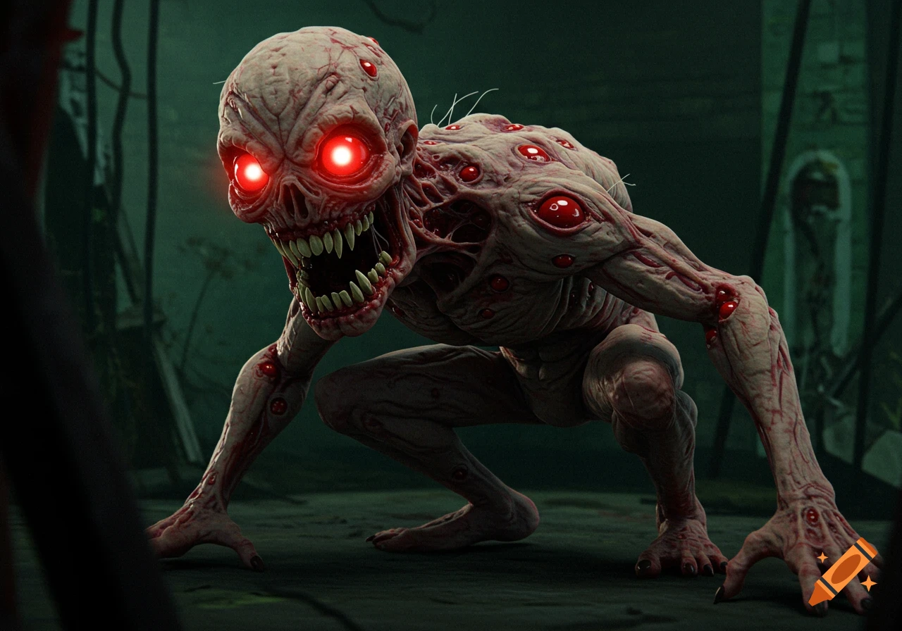 A monstrous, pale-skinned creature with multiple glowing red eyes and sharp teeth crouches ...