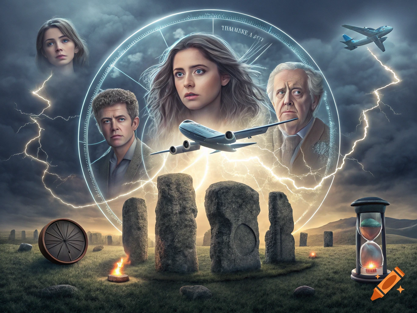 A mystical collage features a glowing airplane amidst stormy lightning, surrounded by four ...