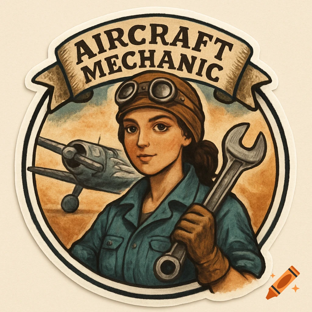 Vintage style illustration of a female aircraft mechanic holding a ...