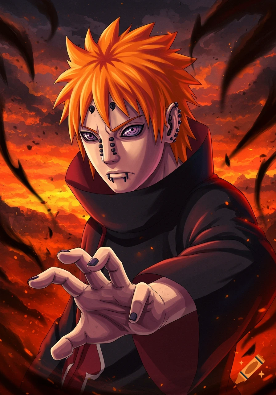 Anime character Pain from Naruto with orange hair, piercings, purple ...