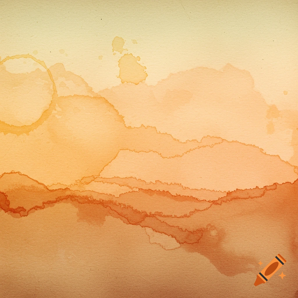 Abstract watercolor painting with orange and brown tea stain patterns ...