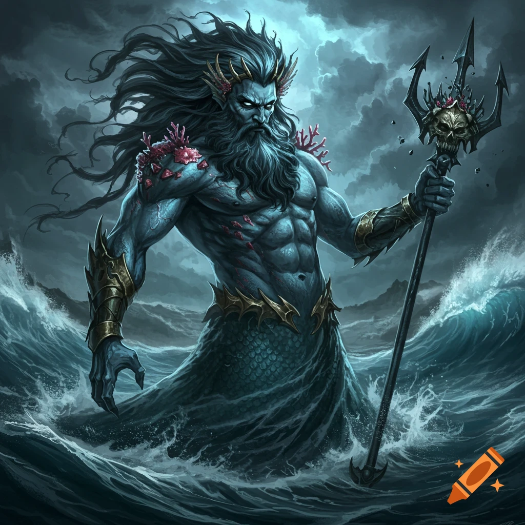 A dark fantasy digital painting of a powerful, muscular merman god with ...