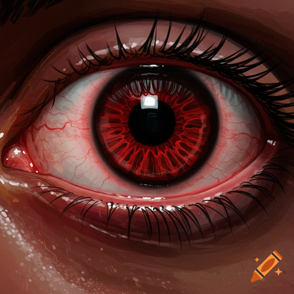 A close-up digital painting of a bloodshot eye with a bright red iris ...