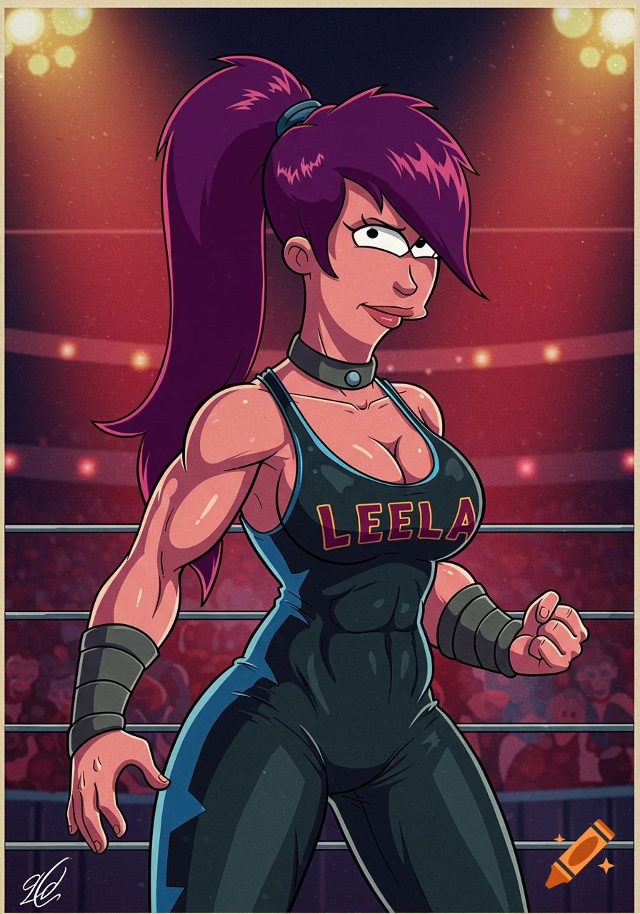 Cartoon art of Leela from Futurama in a wrestling outfit, standing in a wrestling ring. on Craiyon