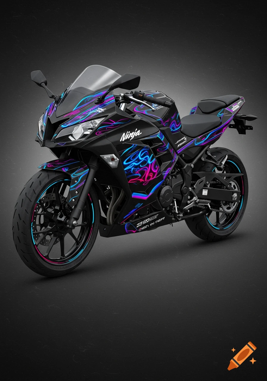 A black Kawasaki Ninja motorcycle with neon blue, pink, and purple abstract designs, on a dark ...