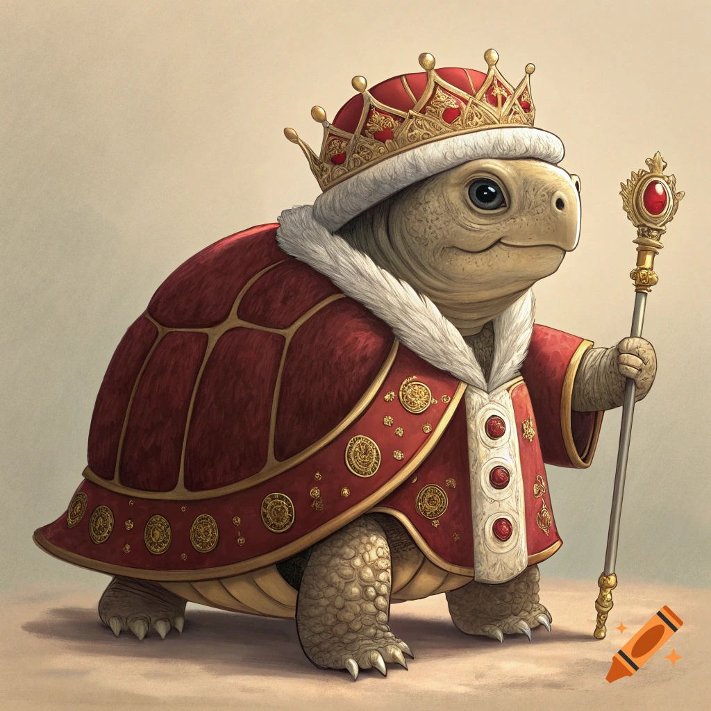An illustrated tortoise dressed as a king in red and gold robes ...