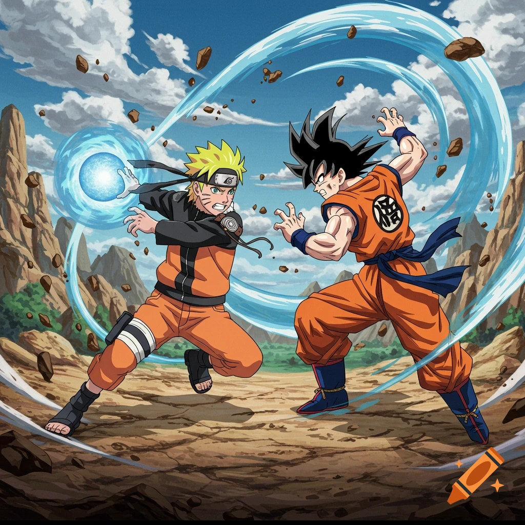 Naruto and Goku in an anime-style battle stance, amidst swirling energy ...