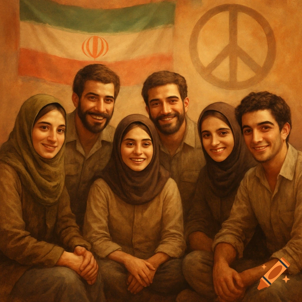 Digital painting of smiling young Iranian men and women, some wearing ...