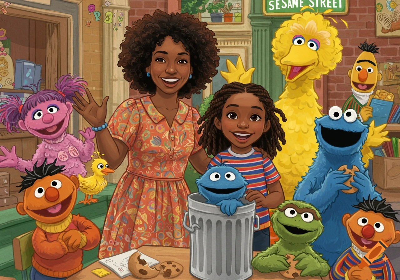 An African American woman, a Black girl, and Sesame Street characters ...