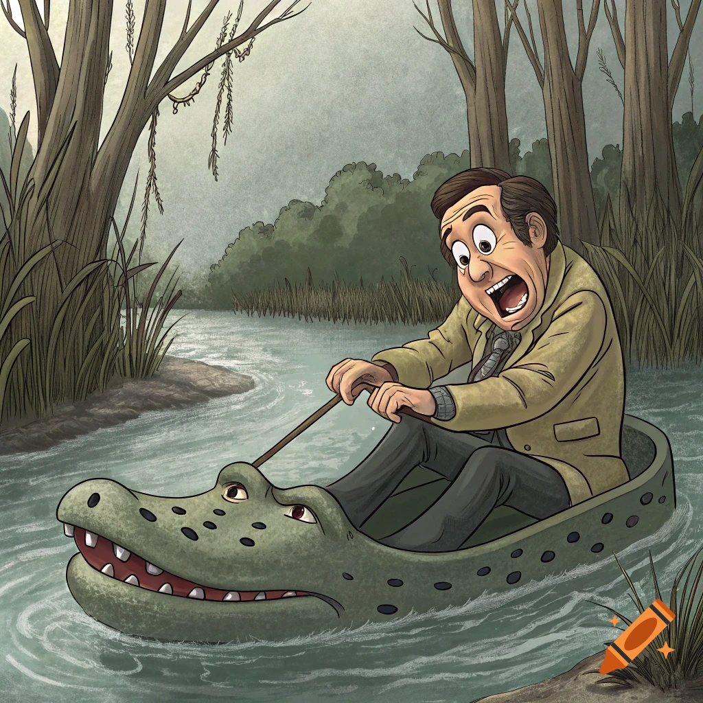 A scared cartoon man paddles a crocodile-shaped boat through a murky ...