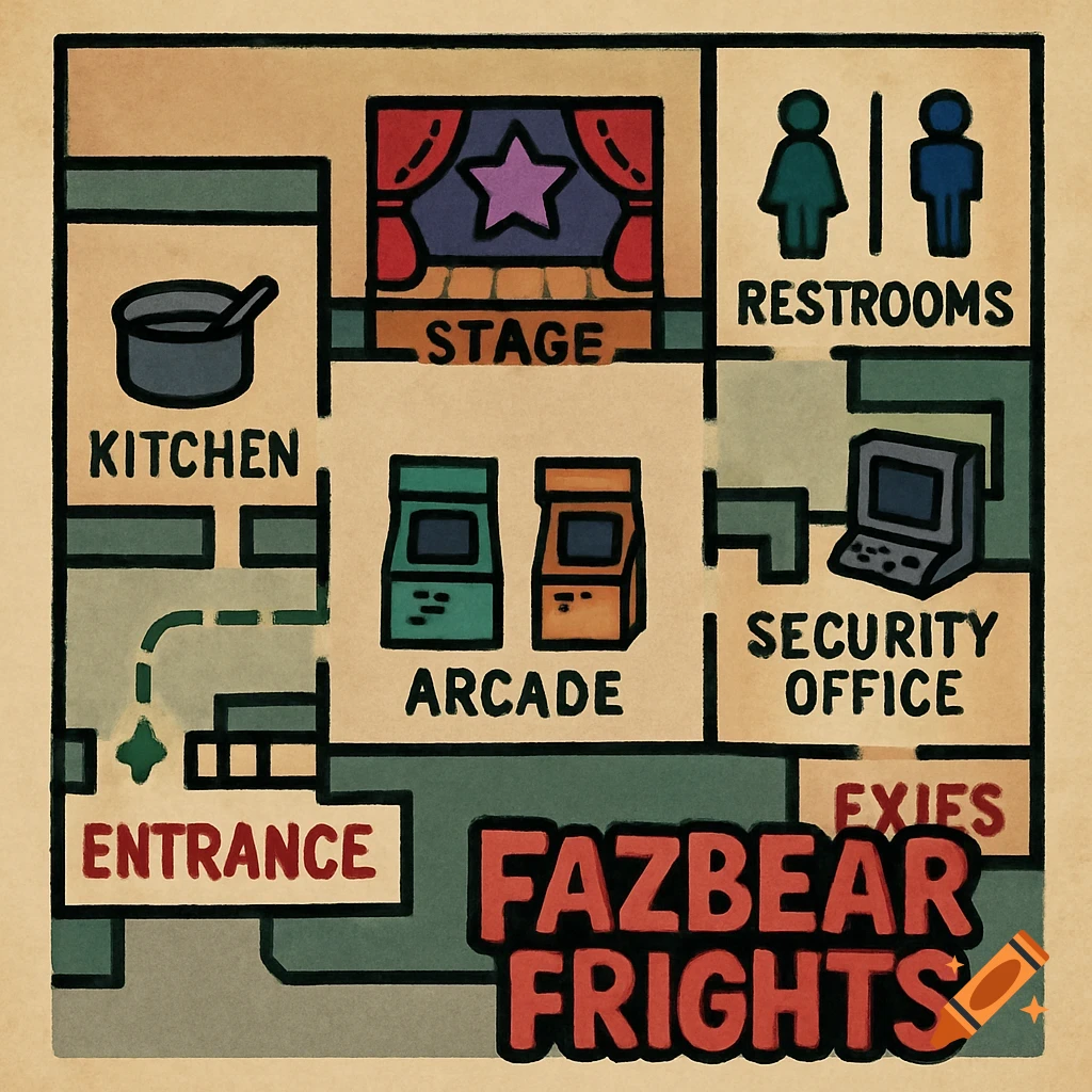 A cartoon-style floor plan map of Fazbear Frights, showing the kitchen ...