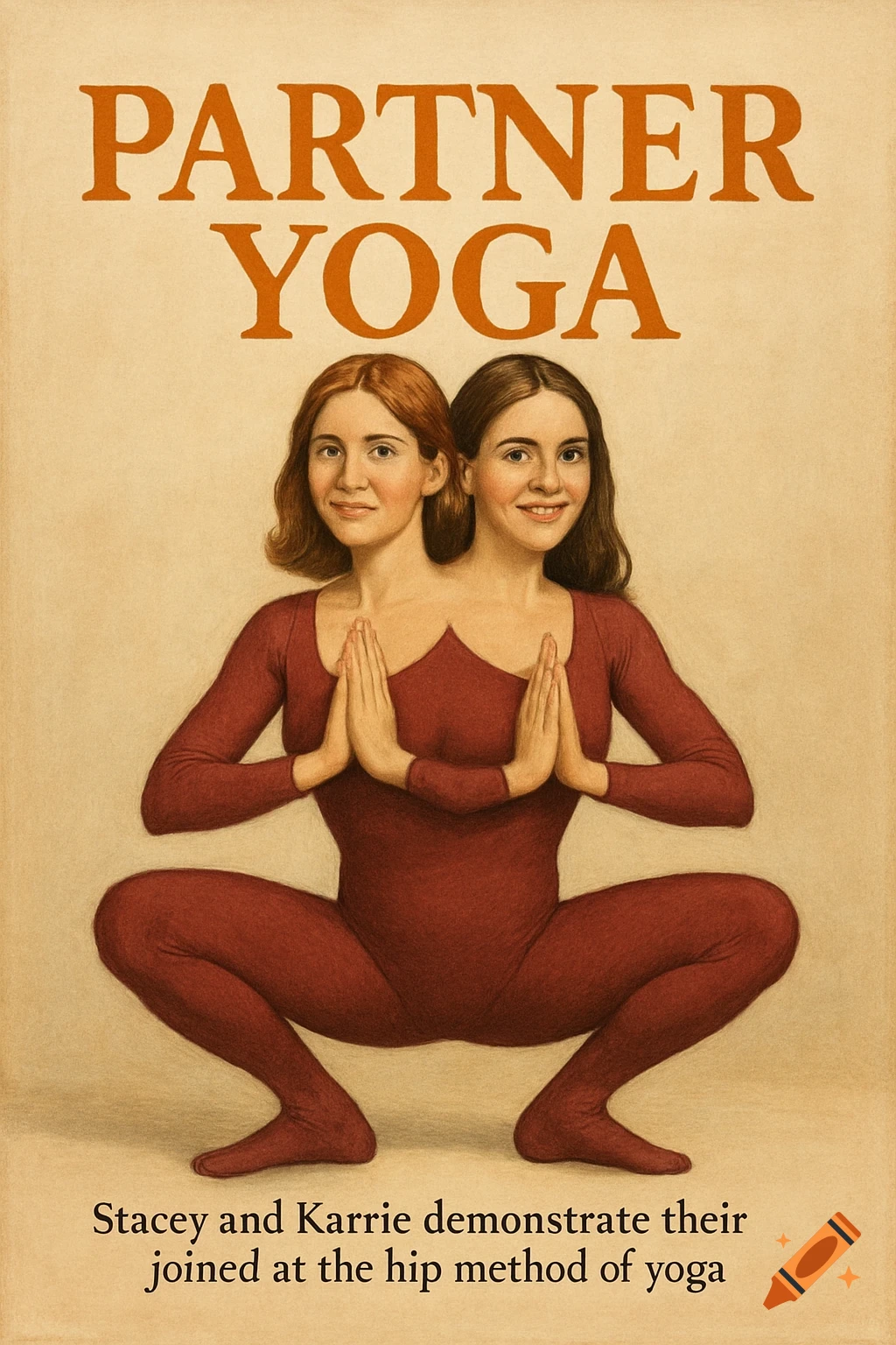 Illustration of two women merged into one body, doing a squatting yoga ...