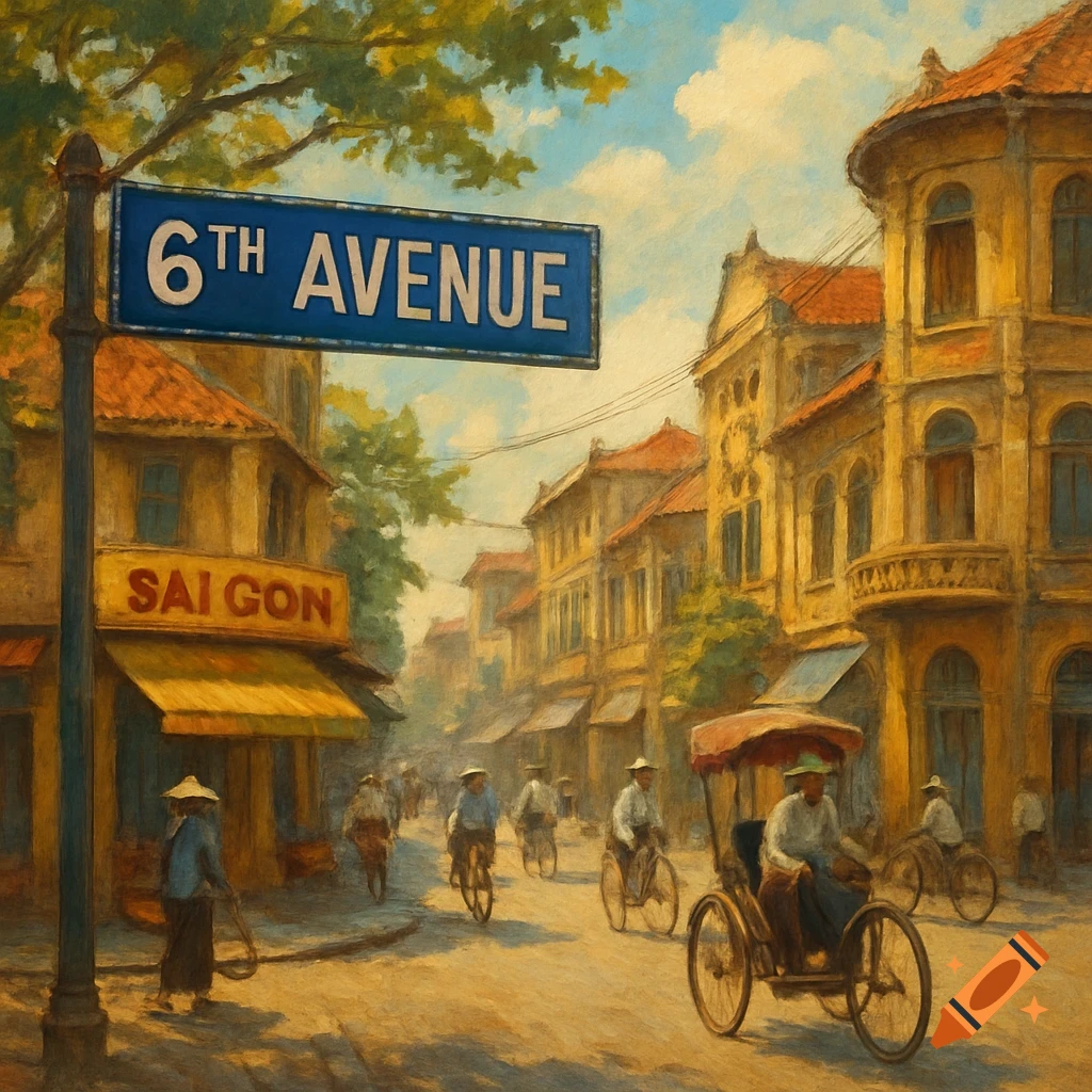 A vibrant oil painting of a bustling street scene in Saigon, featuring people on foot and ...