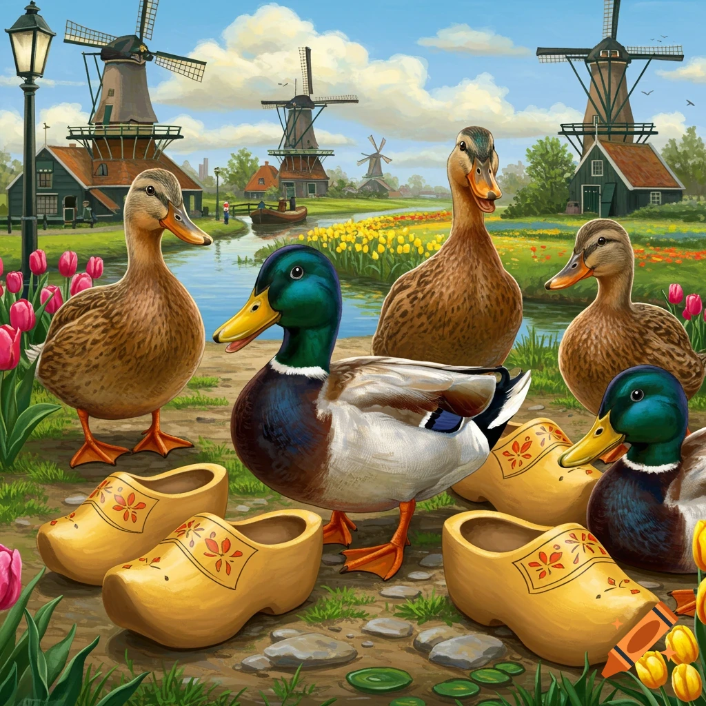 Vibrant illustration of ducks standing near wooden clogs in a Dutch ...