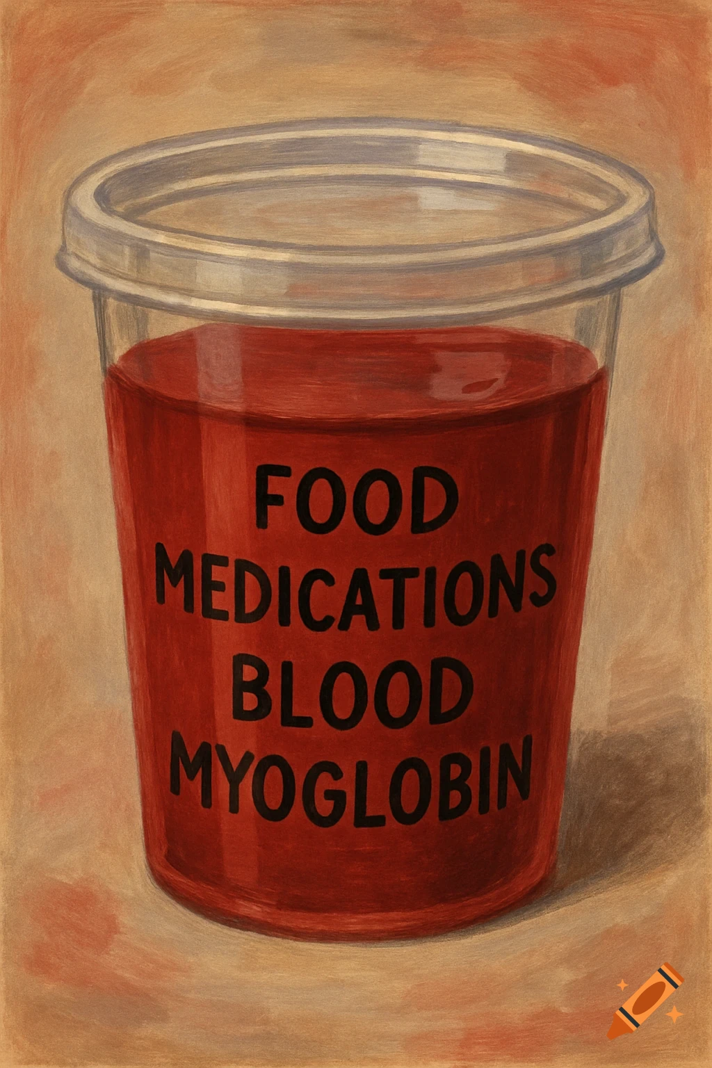 A painted image of a clear plastic cup filled with red liquid, labeled ...