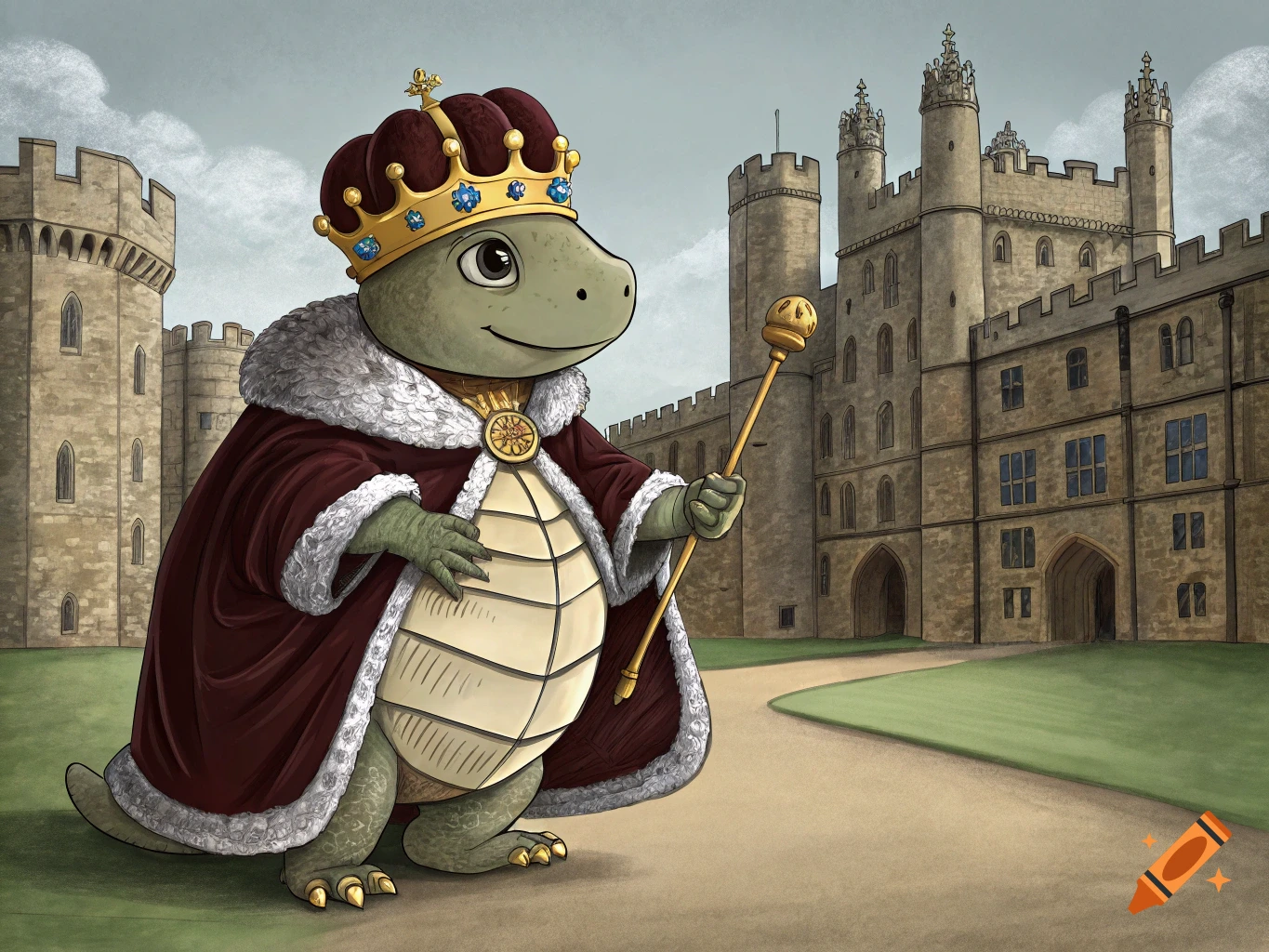 A cute cartoon tortoise king wearing a crown and royal robe, holding a ...