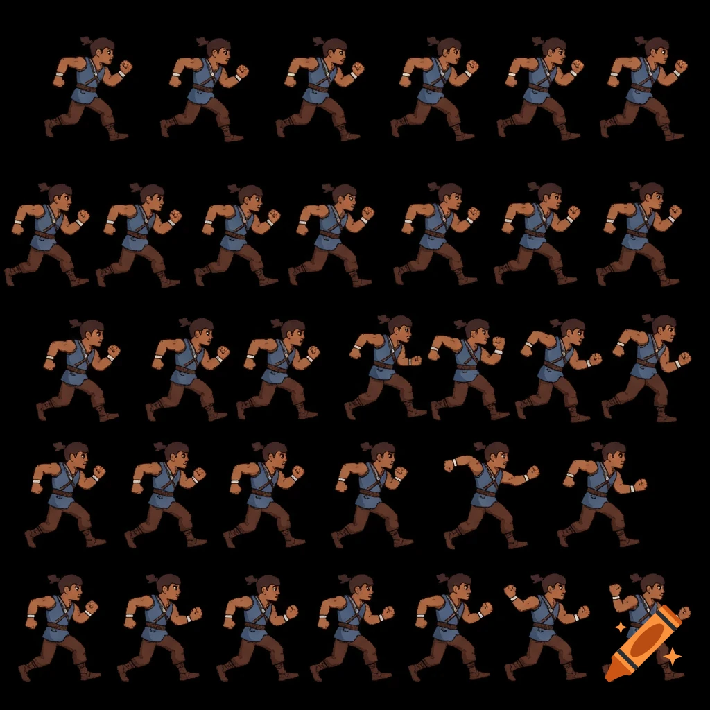Pixel art sprite sheet of a male video game character running, showing multiple animation frames ...