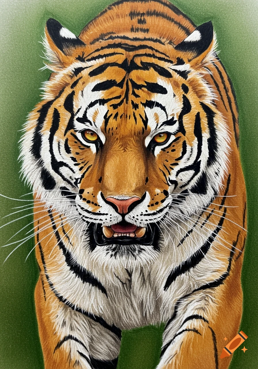Close-up drawing of a tiger's face with yellow eyes and open mouth ...