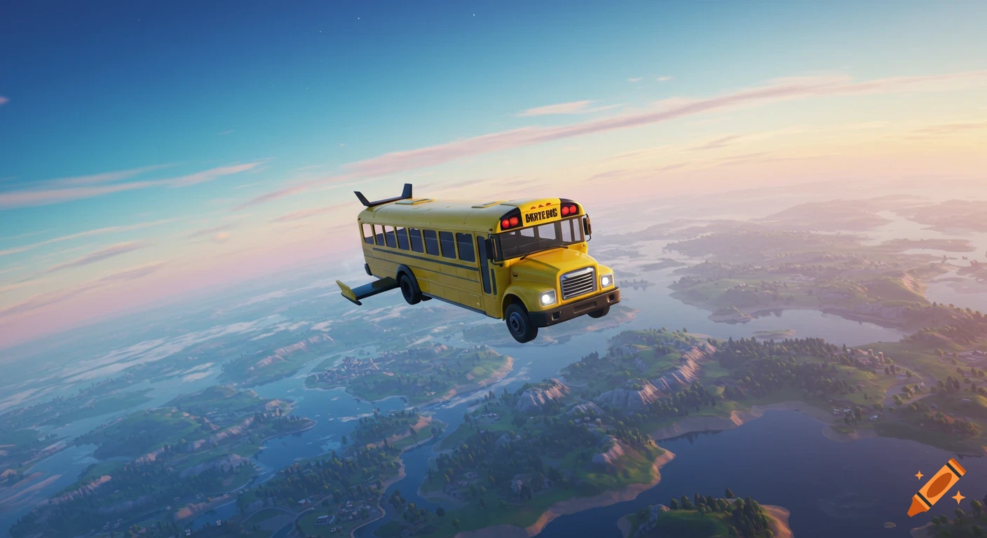 A yellow Fortnite battle bus flies high above a stylized landscape of ...